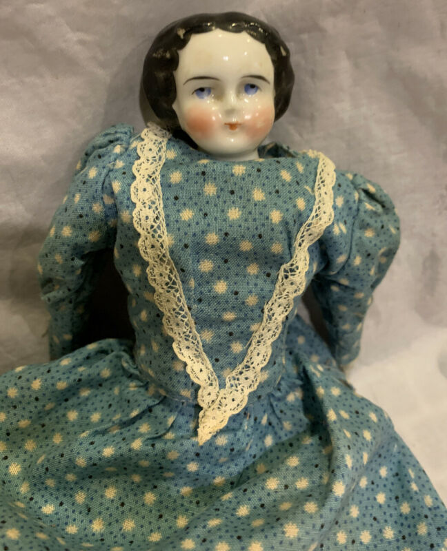 Antique 1890s German 10” Flat Top Porcelain Head Doll Straw Stuffed