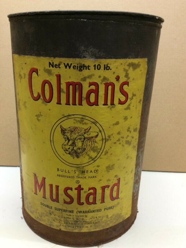 VINTAGE COLMAN''S BULL''S HEAD MUSTARD 10 LB ROUND CONTAINER -- Antique ...