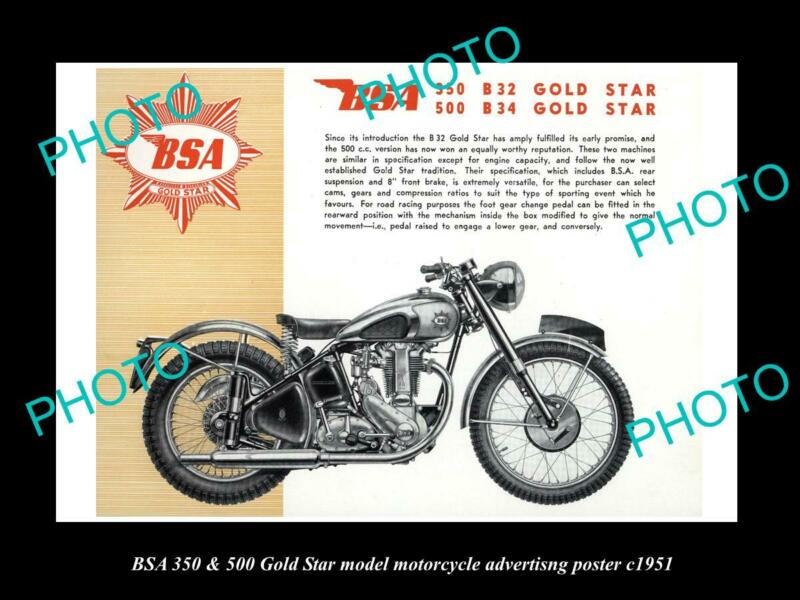 OLD LARGE HISTORIC PHOTO OF BSA MOTORCYCLE GOLD STAR ADVERTISING POSTER ...