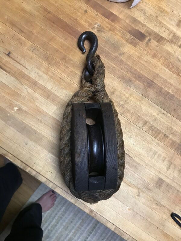 Primitive Block Tackle Pulley W Wood Wheel Braided Rope Nautical Hand ...