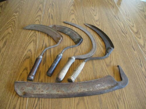 LOT OF 5 ANTIQUE HAND SCYTHE SICKLE WOOD WOODEN HANDLE DECOR -- Antique ...