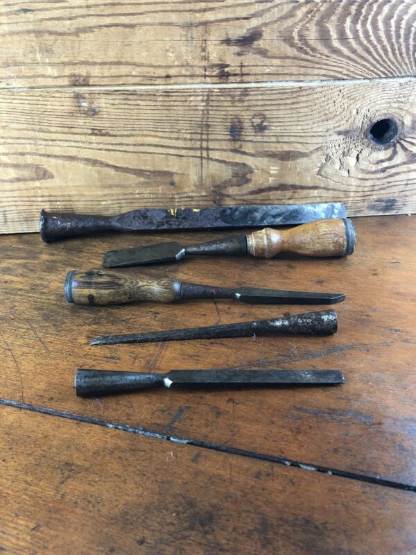 BJ60 Antique/Vintage Wood Workers Chisels Sheldon ...Mixed Lot Of 5 ...