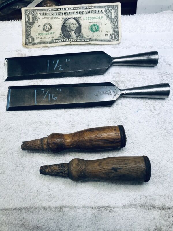 2 vintage SAMSON wide bevel edge socket chisel big old wood carving ...