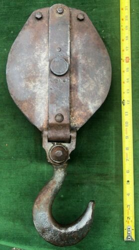 20" ANTIQUE MASSIVE OLD STEEL & CAST IRON BARN HOIST PULLEY w/HUGE HOOK ...