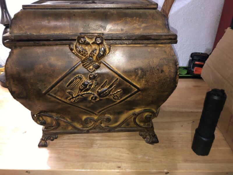 Old Vintage Antique Treasure Chest Metal Box With Handle Heavy Rusty ...
