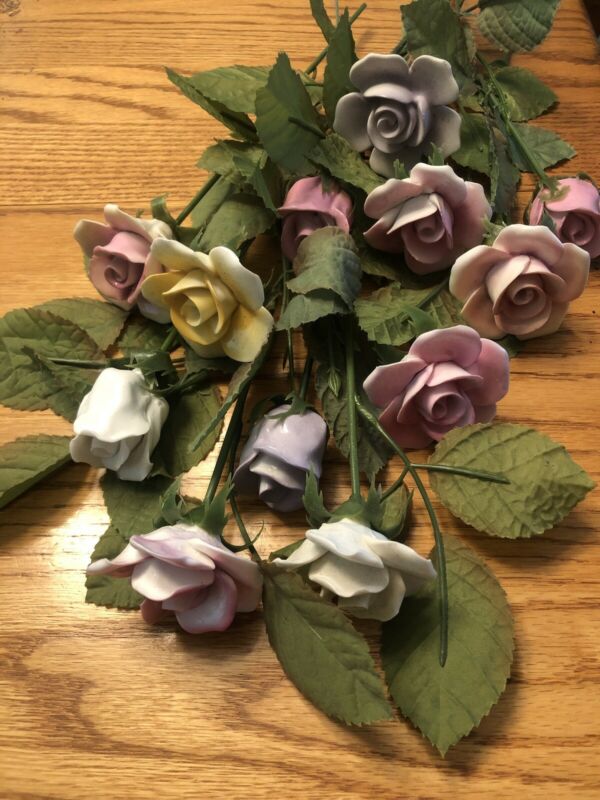 12 Vintage Capodimonte Type Porcelain/Ceramic Roses w/Plastic & Fabric ...