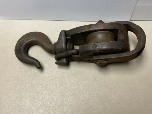 Nice vintage open side wood metal snatch block pulley marked ANVIL barn ...