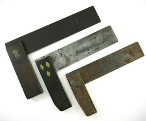 ANTIQUE VINTAGE Lot of 3 Woodworker Carpenter Tri Squares Wood Brass ...