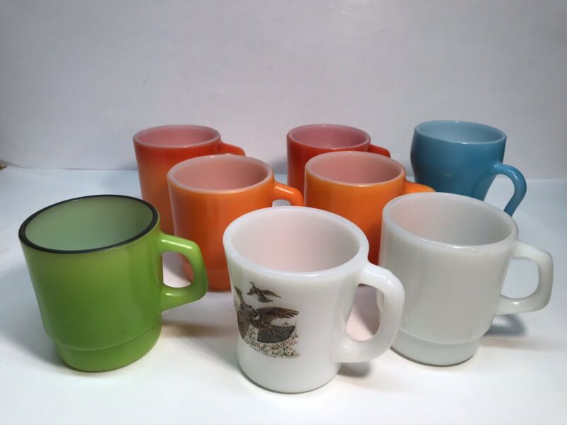 8 Vintage Fire King Milk Glass Stacking Mugs Assorted Colors "C" &”D ...