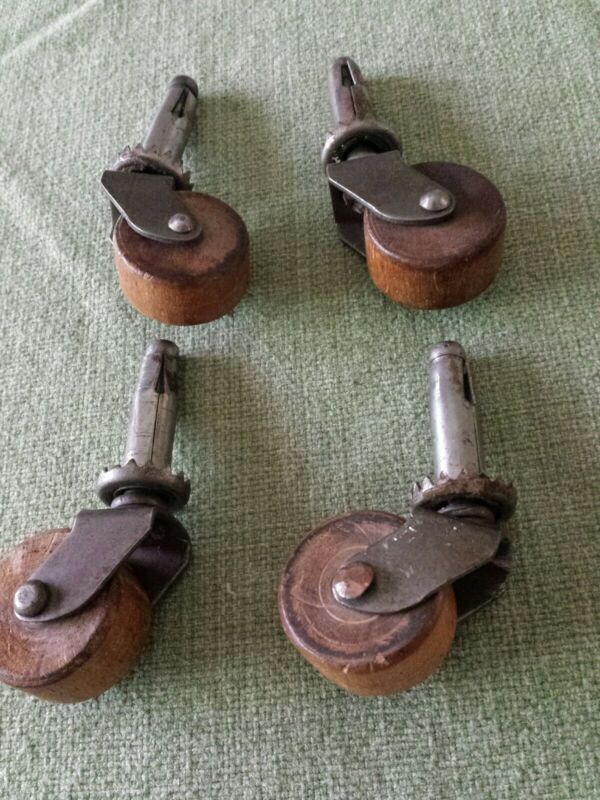 Set 4 Antique 1 1/8" diam. Wooden Furniture Casters with casings, stems ...