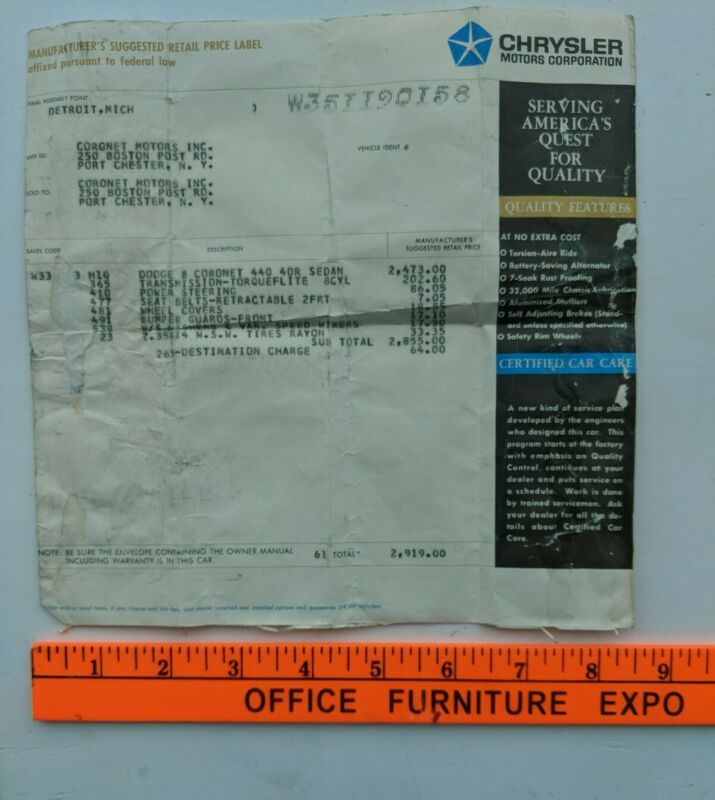 1961 DODGE CORONET WINDOW STICKER MSRP LABEL -- Antique Price Guide ...