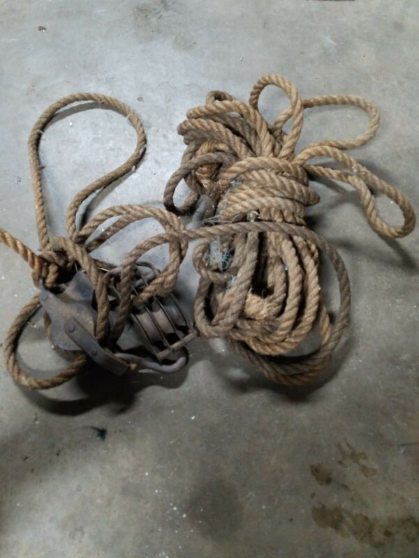 Vintage Barn Rope With Block And Tackle pulley s see pics -- Antique ...