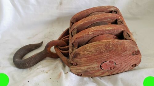 antique Wood triple Block 3 Wheel Pulley Ship Nautical Industrial Farm ...