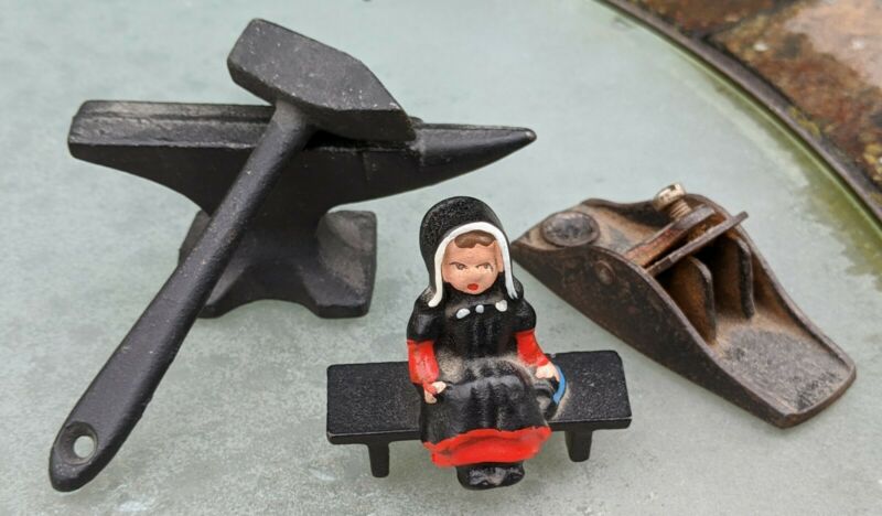 Miniature lot 4 Cast Iron Blacksmith''s Anvil Hammer Amish girl bench ...