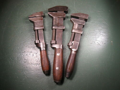 OLD USED VINTAGE MECHANICS TOOLS WOOD HANDLED ADJUSTABLE WRENCHES GROUP ...