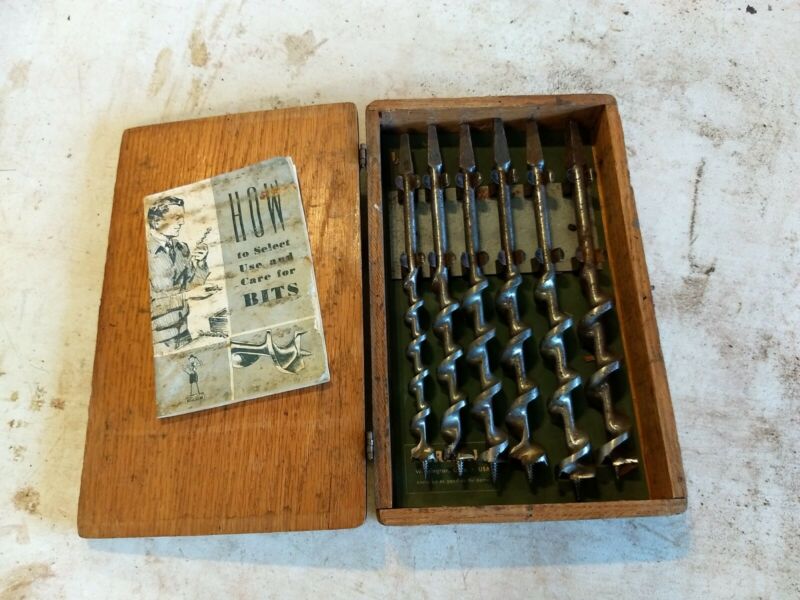 VINTAGE IRWIN SOLID CENTER BRACE AUGER 6 PC DRILL BIT SET W/ BORCHEST ...