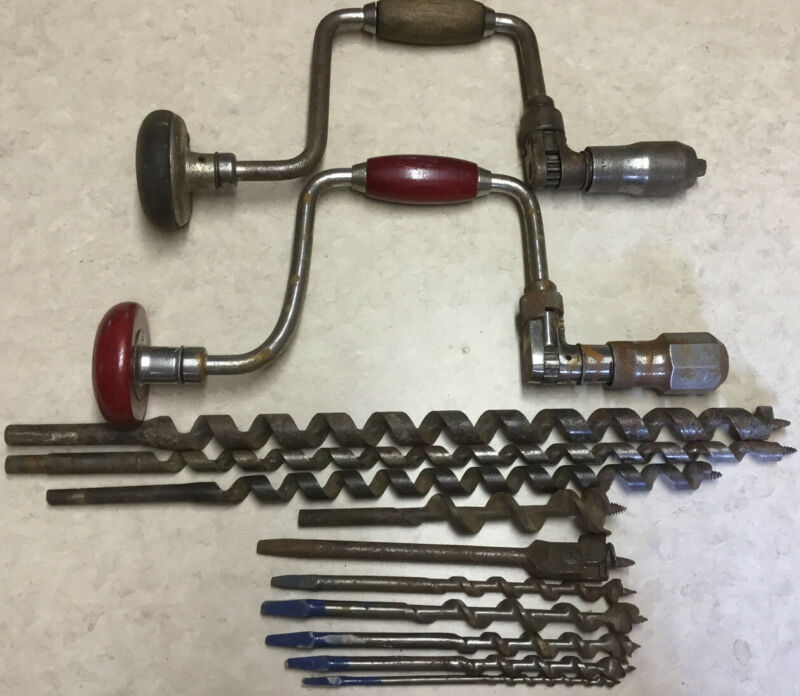 2 two Vintage Hand Drill Auger Bit Brace Old Drilling Tool & 10 Auger ...