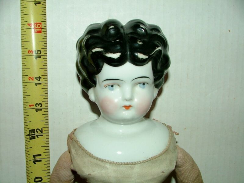 1900s Antique 16 Low Brow China Head Doll W Sawdust Filled Leather