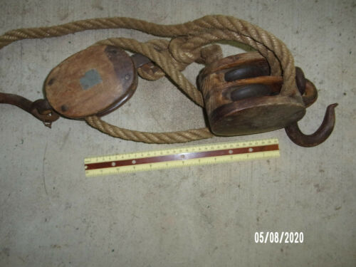 wood block and tackle about 37'' rope all antique vintage works used no ...