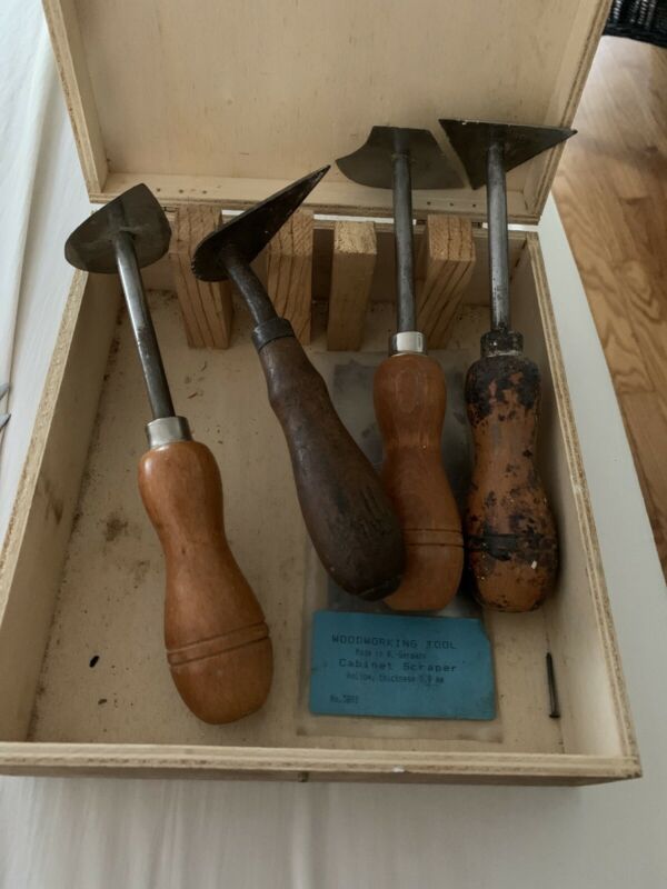 4 Vintage Scraper Tools W/ Triangular Heads In Homemade Box One Is Bell ...