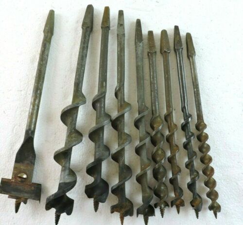 Lot of 9 Vintage Antique Brace Bit Hand Auger Drill Bits Woodworking ...