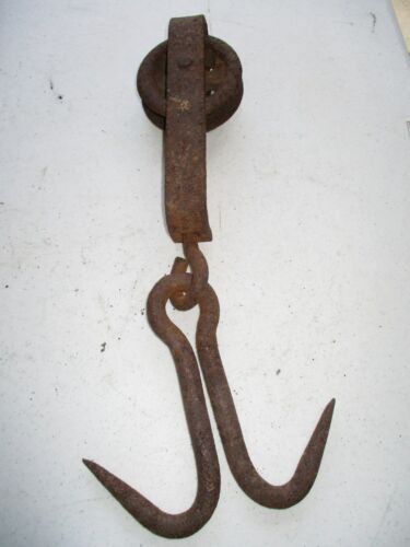 Vintage Metal Butcher Double meat hooks with Trolly Pully Roller Wheels ...