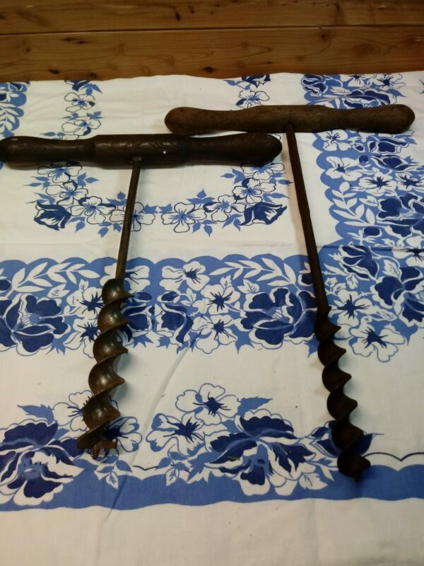 2 Antique T Handle Wood Auger Barn Beam Hand Drill Old Farm Primitive ...