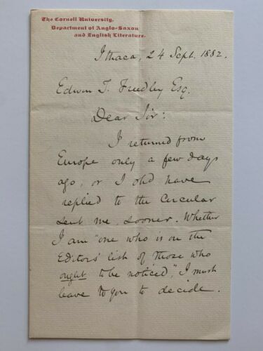 1882 Hiram Corson Letter Signature Cornell University Literature ...
