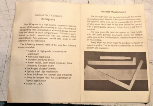 VINTAGE RICHARD TOOL CO. HIGH QUALITY CARPENTERS BI-SQUARE - NEW ...