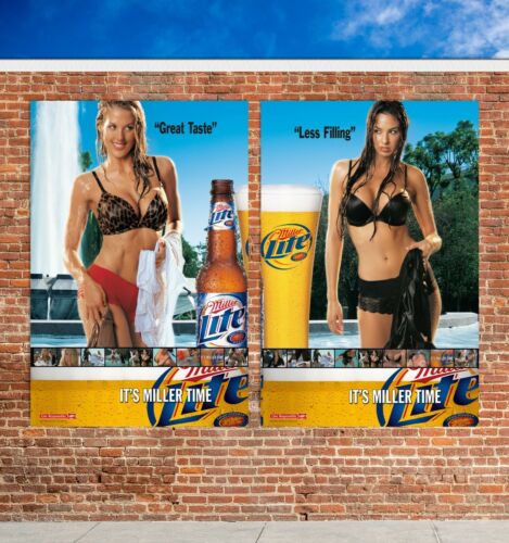 Miller Lite Beer Cat Fight Girls Banner Poster Sign Neon Colors Bikini Models Antique Price