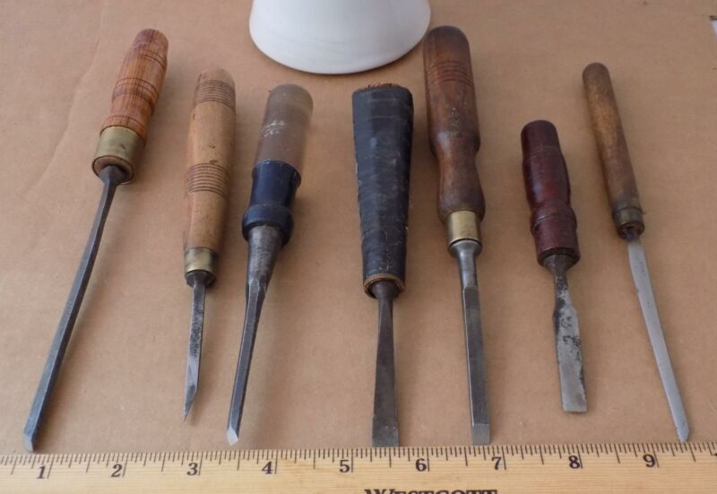 Set Lot of 7 Various Wood Carving Gouge Chisels Gravers -- Antique ...