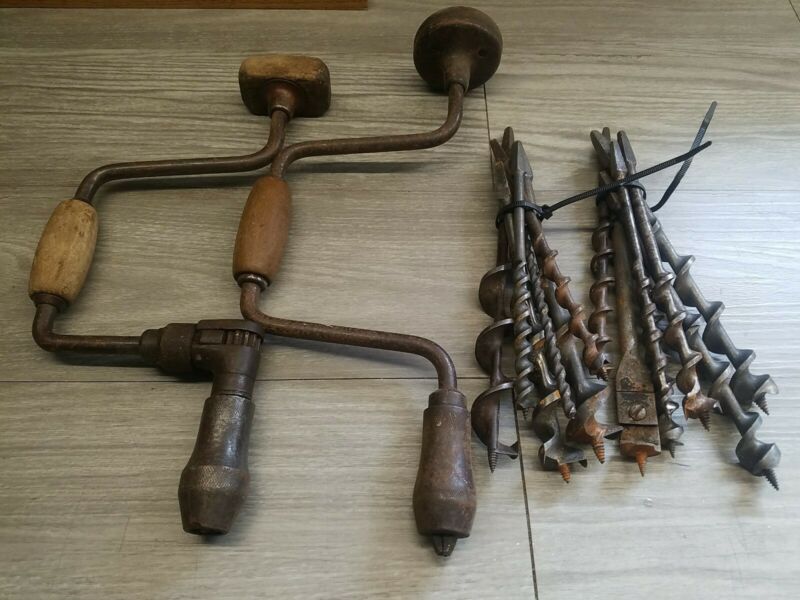 Vintage Hand Crank Brace Bit Drill Lot With Auger Bits -- Antique Price ...