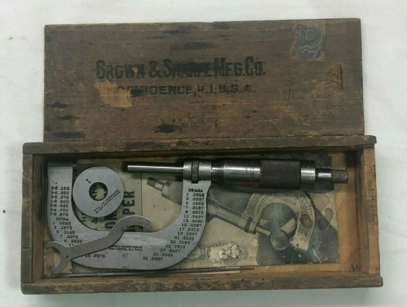 ANTIQUE BROWN & SHARPE NO. 47 RS MICROMETER CALIPER 1-2" Wood Box Tool ...
