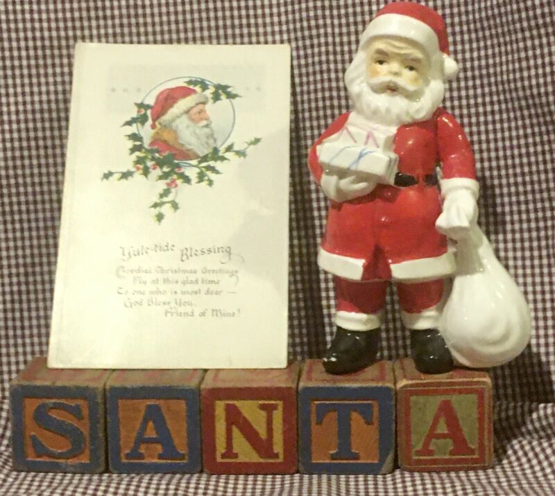 Antique ABC Toy Wood SANTA Blocks w Porcelain JAPAN Figurine Christmas ...