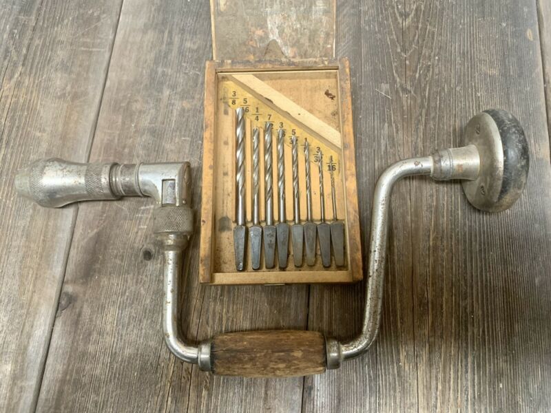 Vintage-Antique Hand Crank Drill w/ Boxed Drill Bit Set -- Antique ...