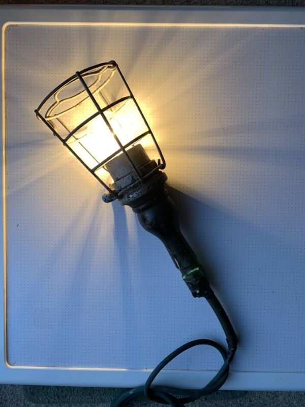 Vintage Wooden Handle Wire Caged Inspection Lamp Work Light -- Antique ...