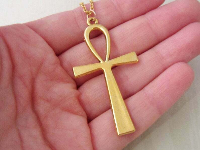 Huge Gold Ankh Necklace - Egyptian Ankh Charm - Antique Gold Toned ...