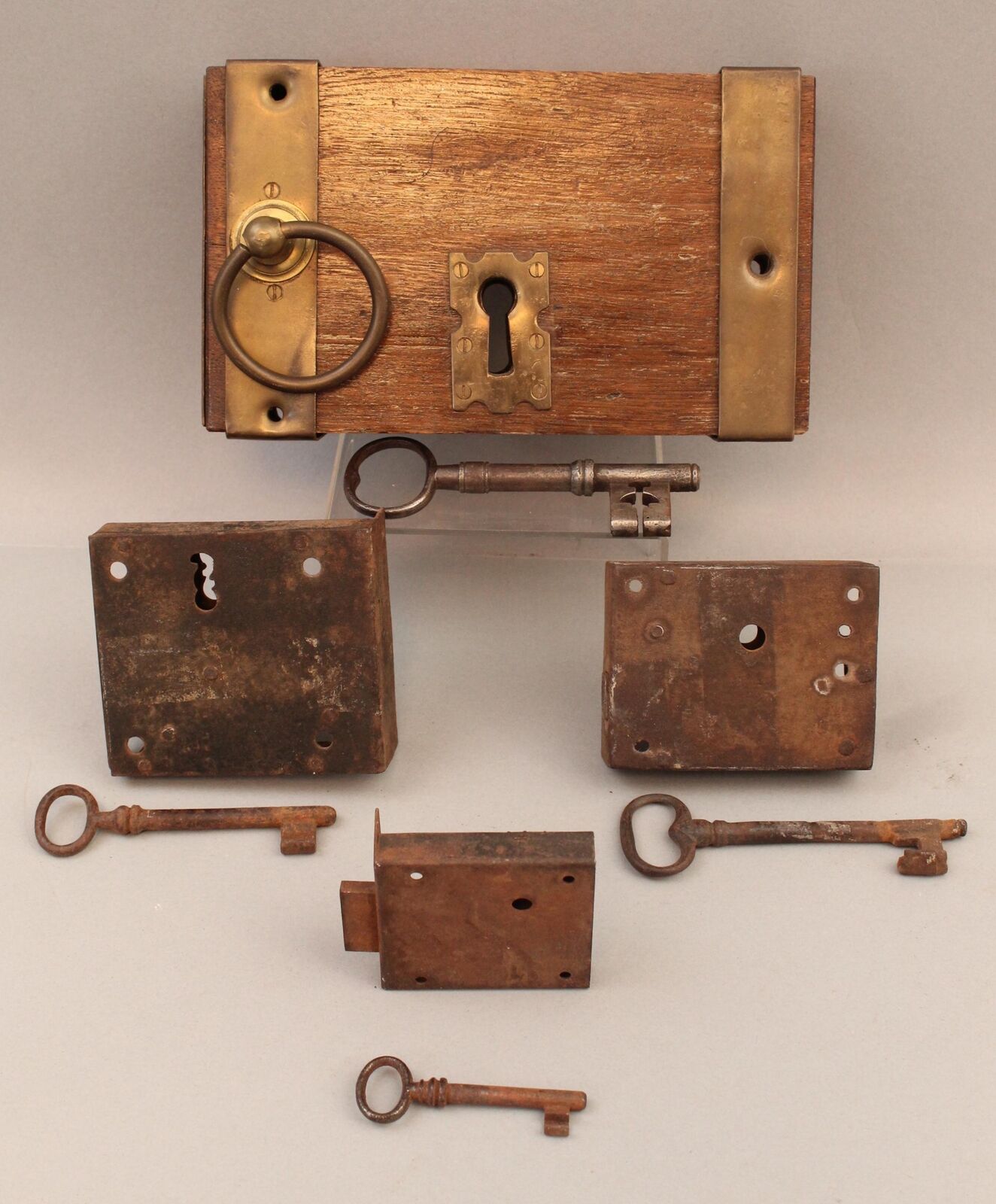 4 Antique Authentic 19thC Working Iron Brass Wood Door Chest Locks Keys ...
