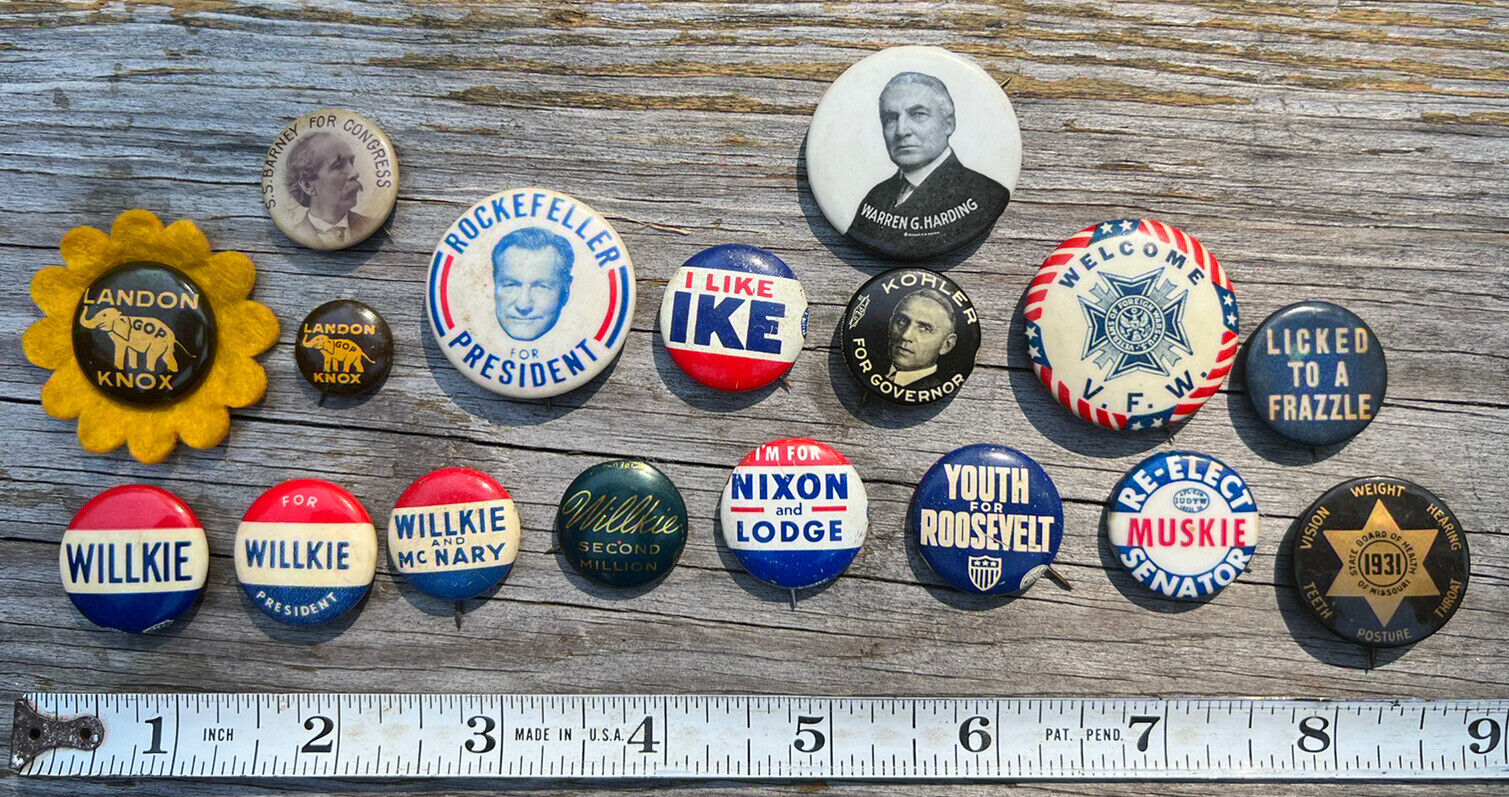 17 Antique Vintage Political Pins Estate Willkie Landon Knox Kohler SS ...