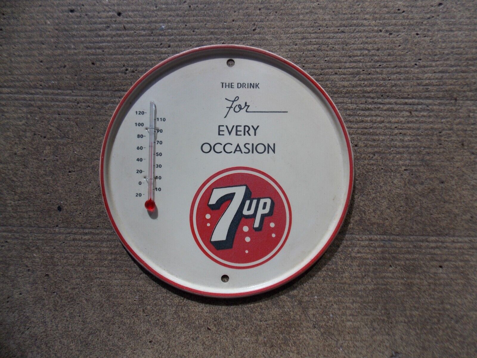 VINTAGE 7UP ROUND ADVERTISING TIN THERMOMETER SIGN 7UP SODA WORKS 1930S ...