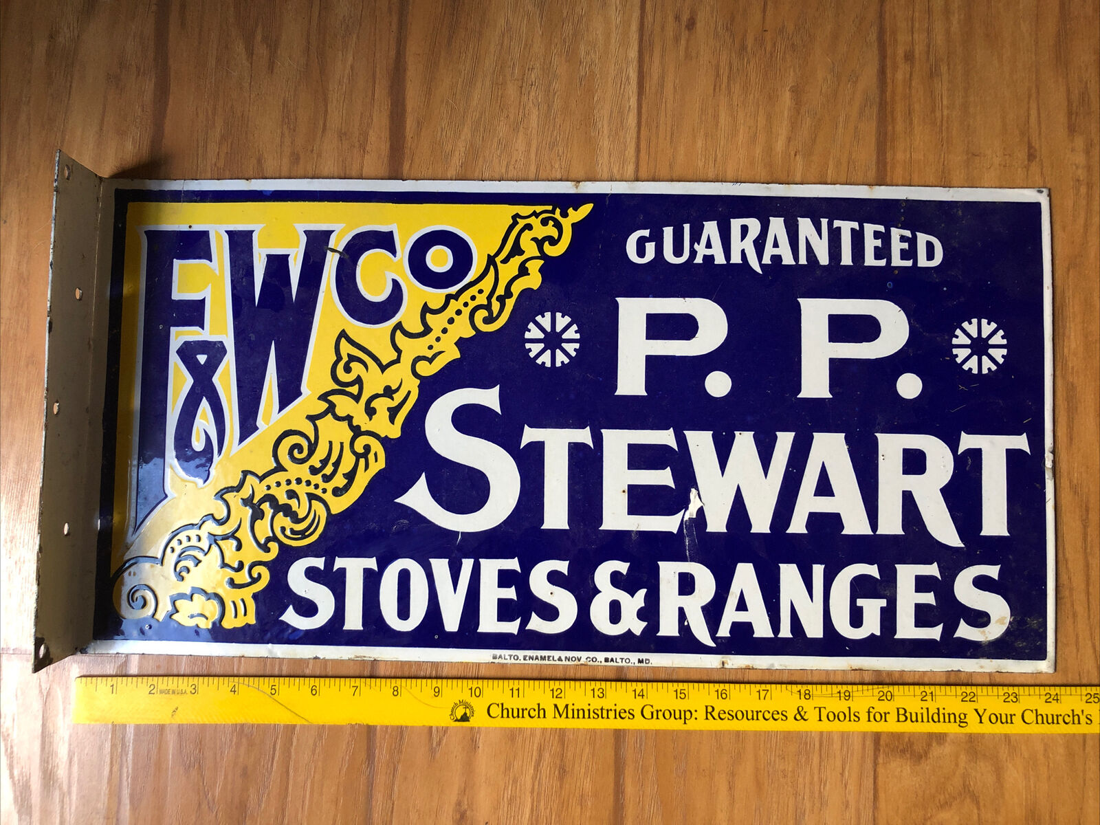 Vintage Antique Porcelain FLANGE Sign 2 SIDED FW Cast Iron Stoves ...