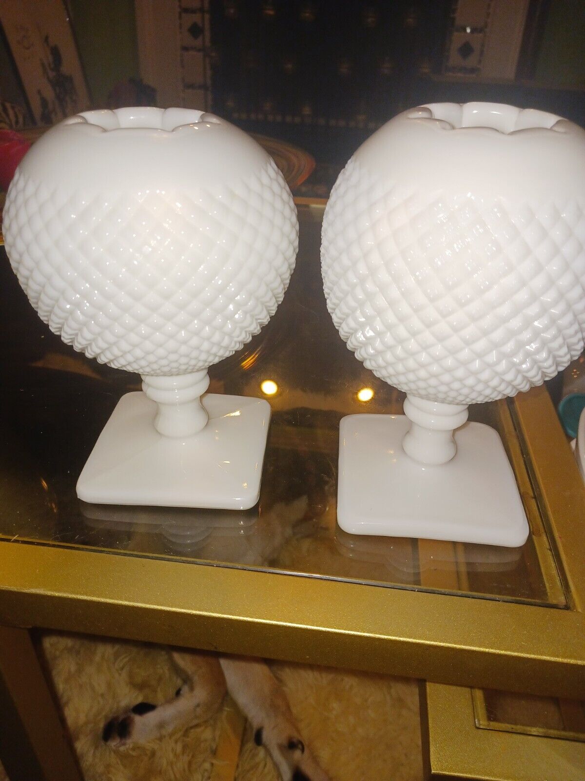 2 Westmoreland White Milk Glass Ivy Ball Pedestal Heavy Vase Diamond Cut Hobnail Antique