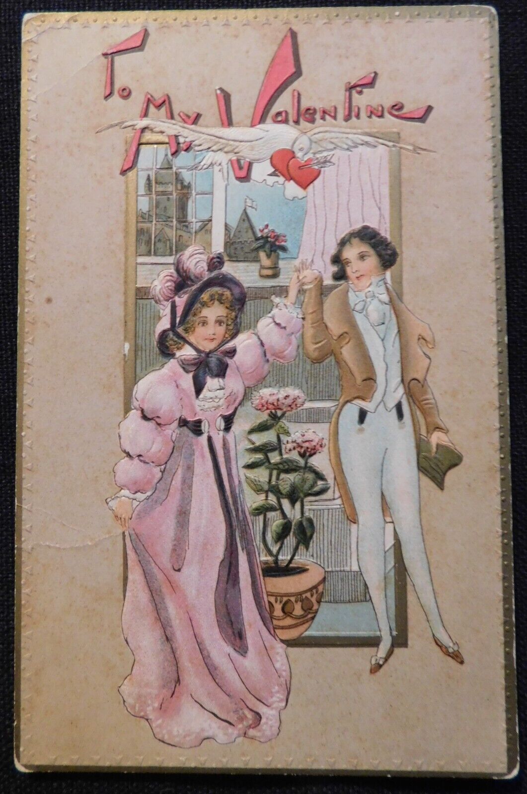Antique Valentine greeting postcard 1910 Colonial couple dancing ...