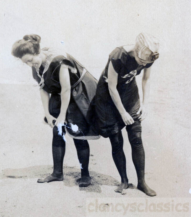 1910 Women Swim Costumes Adjust Nylon Stockings on Bea -- Antique Price ... 1910 Women Swim Costumes Adjust Nylon Stockings on Bea -- Antique Price ...