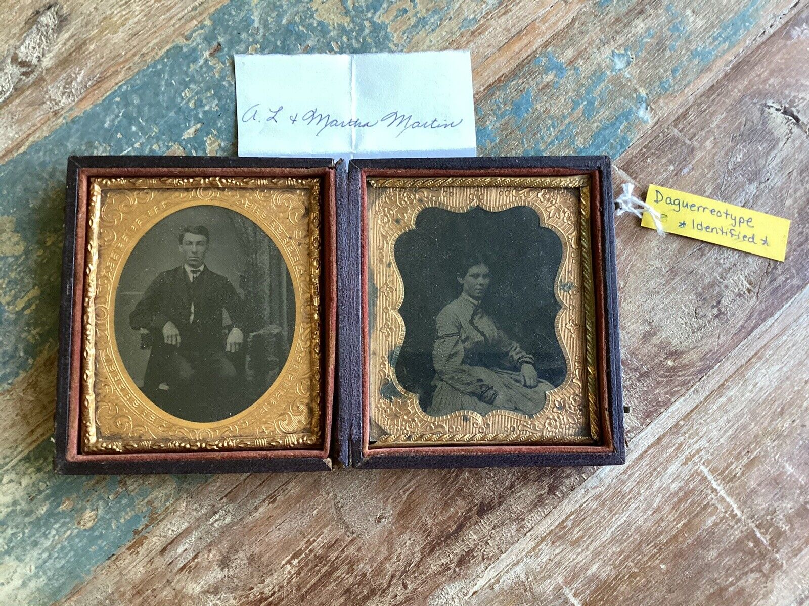 Antique Civil War Daguerreotype Case 2 Photographs Identified Husband